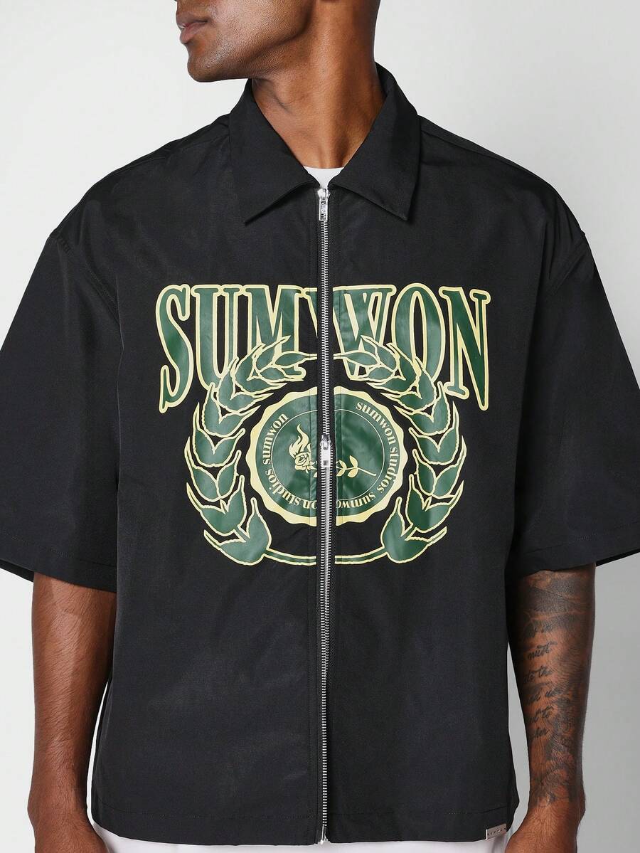 SUMWON Boxy Fit Zip Through Shirt With Front Graphic Print | SHEIN ASIA