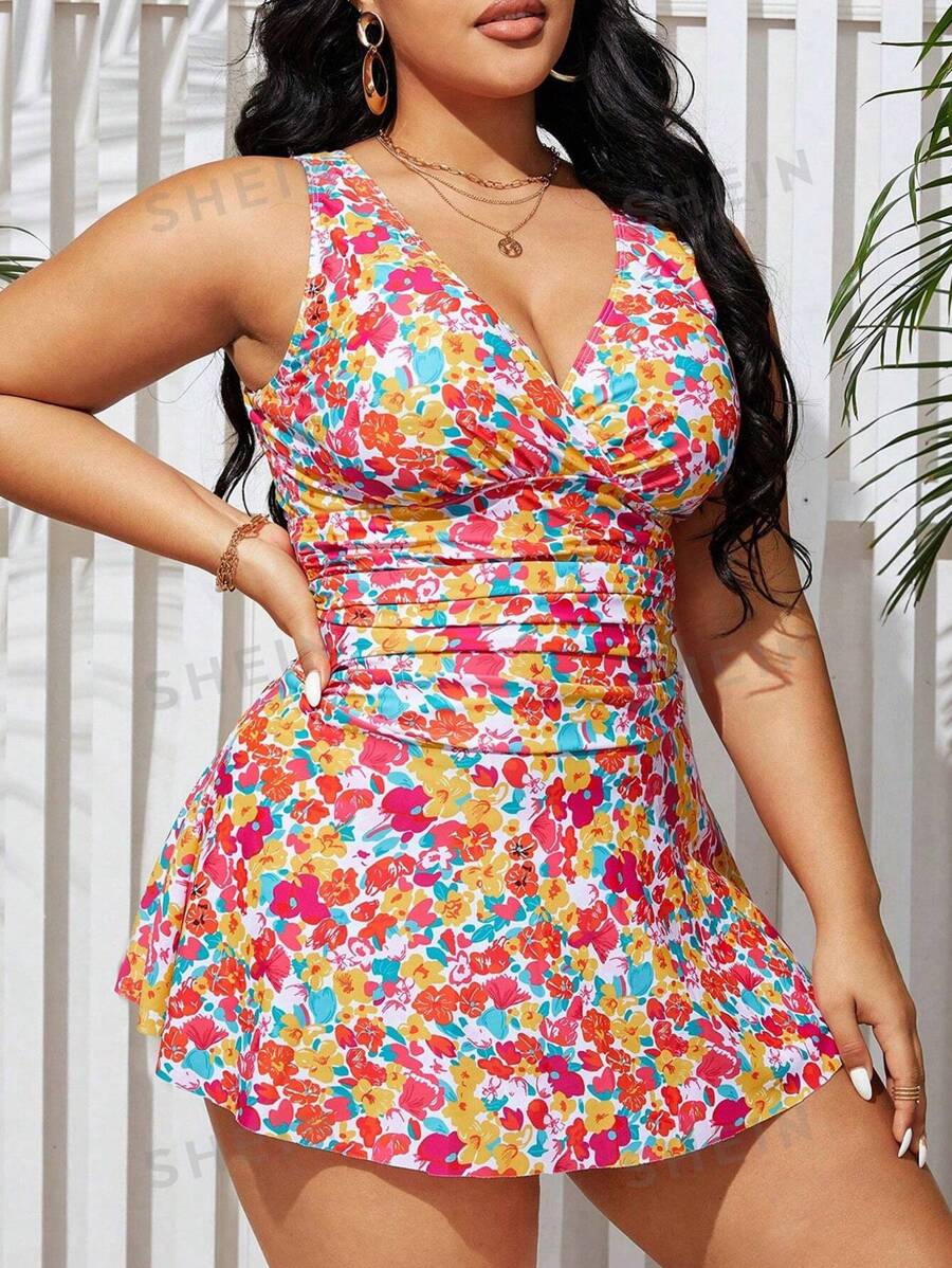 SHEIN Swim Curve Summer Beach Plus Size Women's Floral Printed Ruched ...