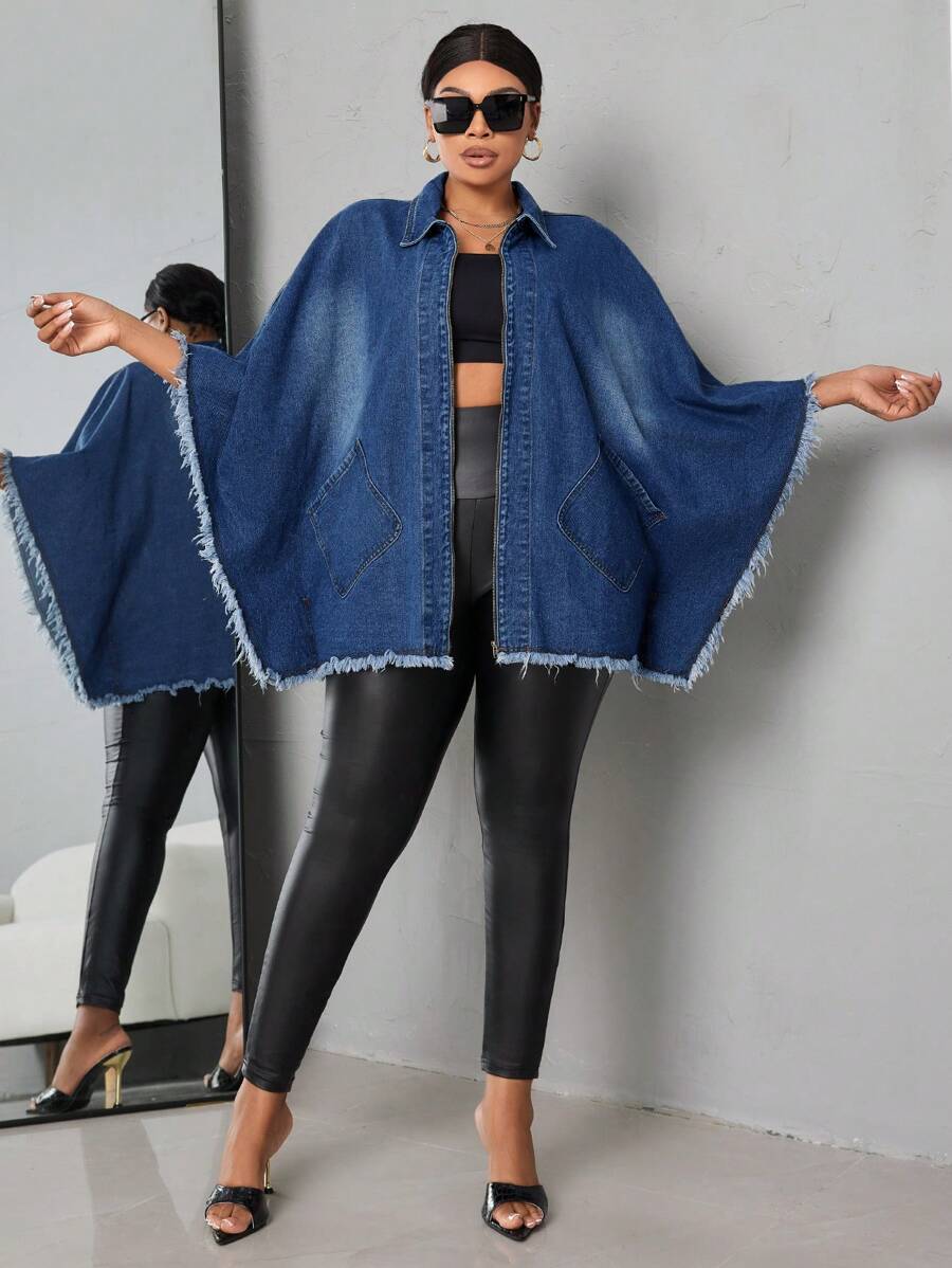SHEIN SXY Plus Size Women's Loose Denim Jacket With Batwing Sleeve And ...