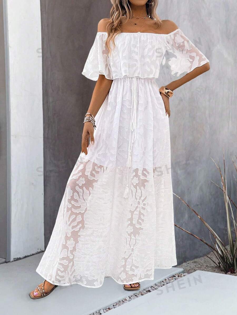 Shein Raffinéa Womens Solid Color Jacquard Off Shoulder Ruffle Trim
