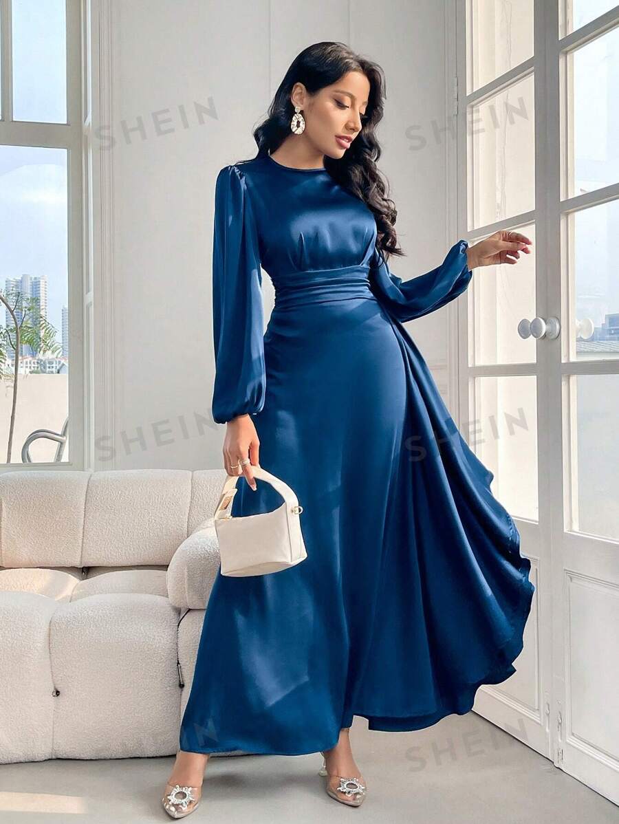 SHEIN Modely Spring Round Neck Lantern Sleeve Elegant A-Line Dress With ...