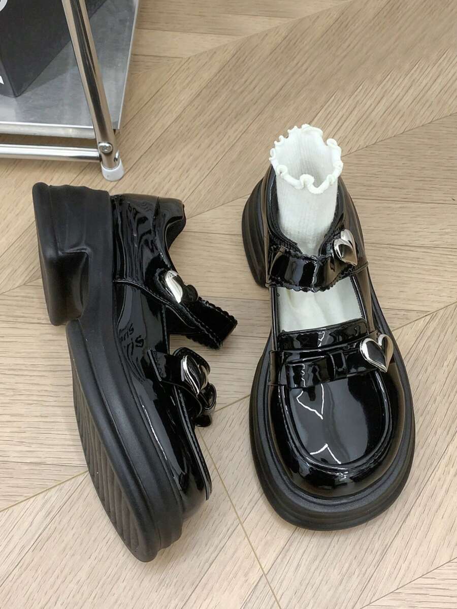 ROMWE Kawaii Ladies' Patent Leather Mary Jane Wedge Shoes With Chunky ...