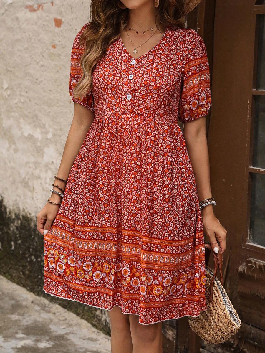 SHEIN LUNE Women's Simple & Elegant Daily Floral Pattern Printed Dress ...