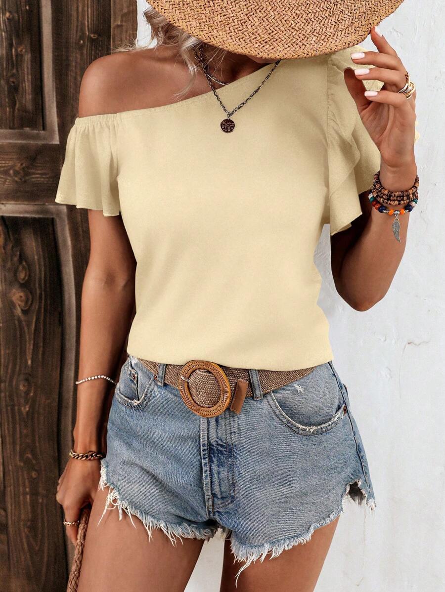 SHEIN LUNE Dames-T-shirt met korte mouwen met asymmetrische hals en ...