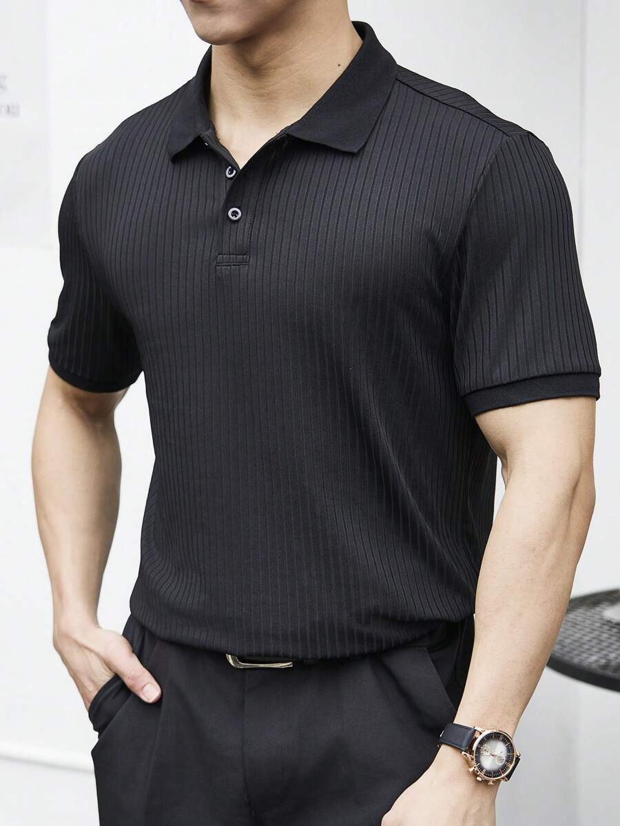 Manfinity Homme Men Ribbed Knit Quarter Button Office Plain Casual Polo ...