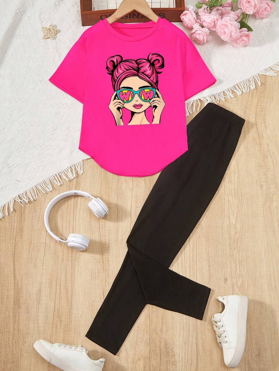 Tween Girl Figure Print Pink Color Tee And Black Legging | SHEIN ASIA