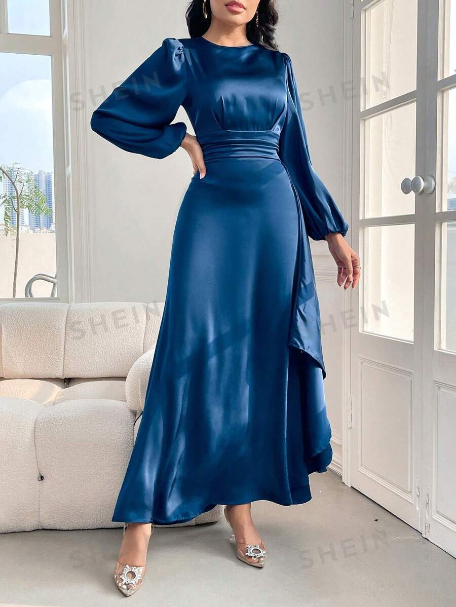 SHEIN Modely Spring Round Neck Lantern Sleeve Elegant A-Line Dress With ...