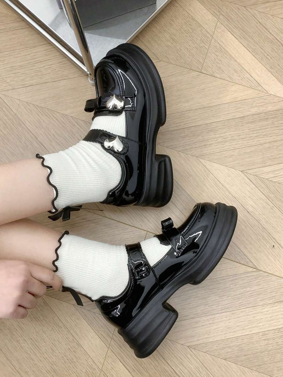 ROMWE Kawaii Ladies' Patent Leather Mary Jane Wedge Shoes With Chunky ...