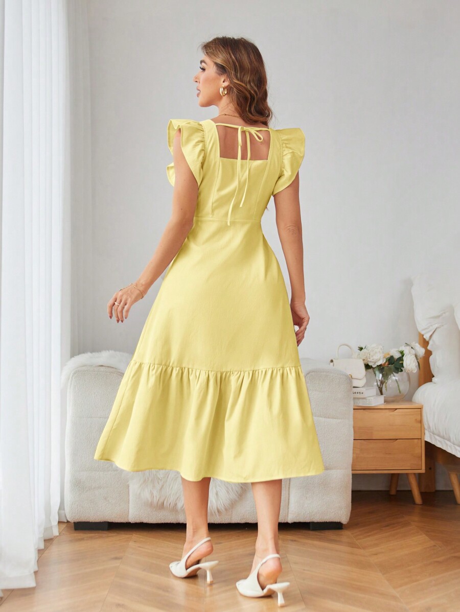 Aveloria Rosie Solid Color Square Neck Ruffle Armhole And Hemline Dress ...