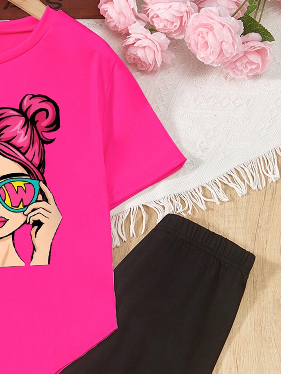 Tween Girl Figure Print Pink Color Tee And Black Legging | SHEIN ASIA