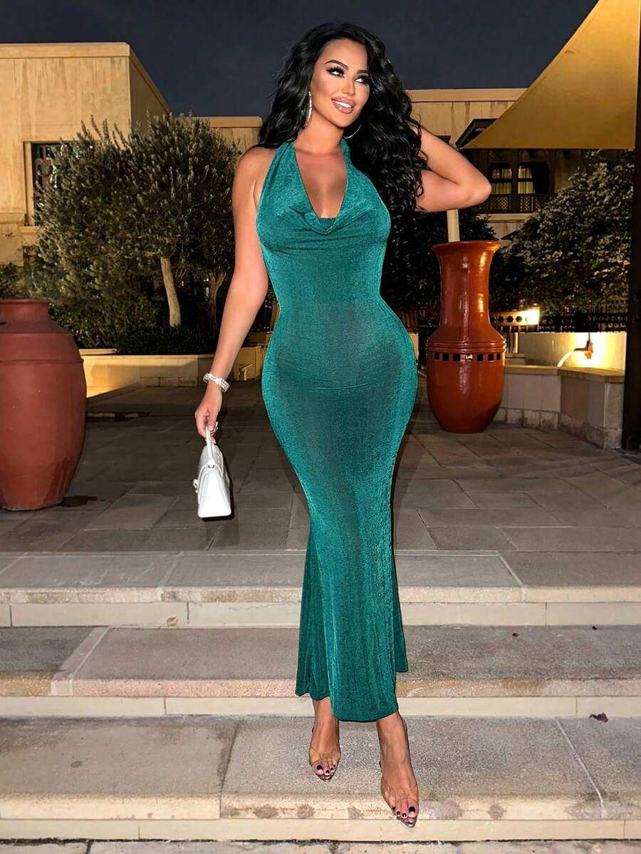 VaVaBold Solid Color Halter Draped Neck Backless Fish Tail Hem Dress ...