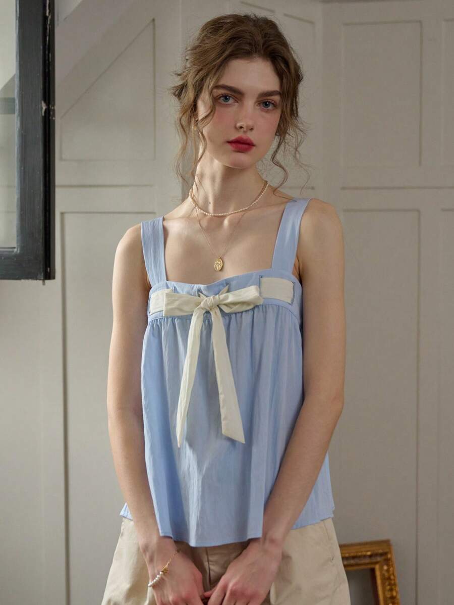 Simple Retro Ladies" Square Neckline Contrast Color Belted Camisole Top ...