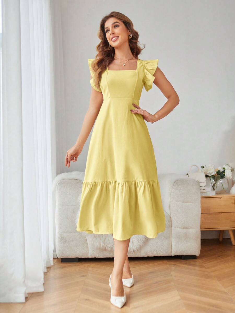 Aveloria Rosie Solid Color Square Neck Ruffle Armhole And Hemline Dress ...