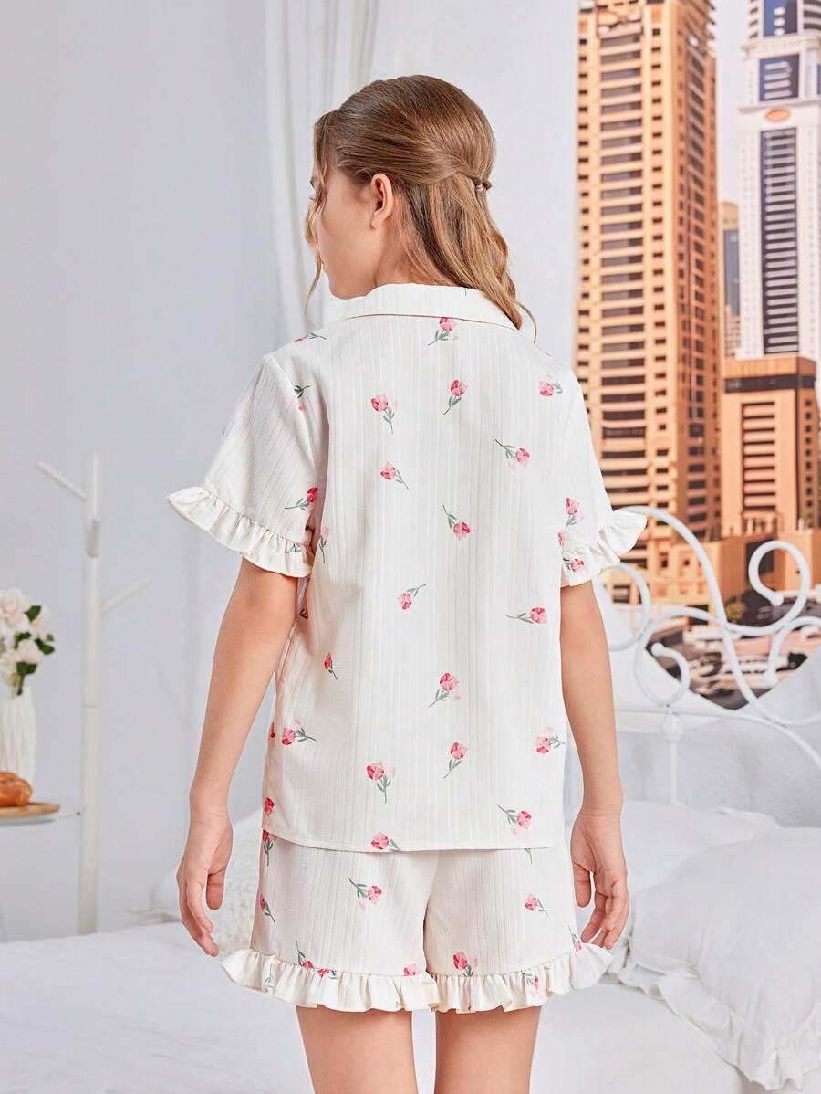 SHEIN Tween Girls' Floral Printed Pajama Set With Ruffle Trim | SHEIN UK