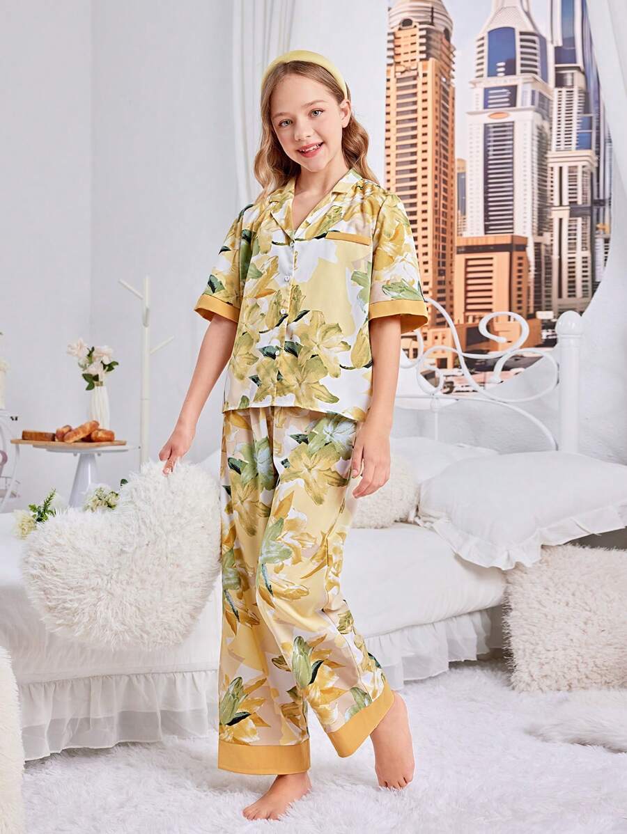 SHEIN Tween Girl Summer Fresh Flower Pattern V-Neck Button Front Long ...