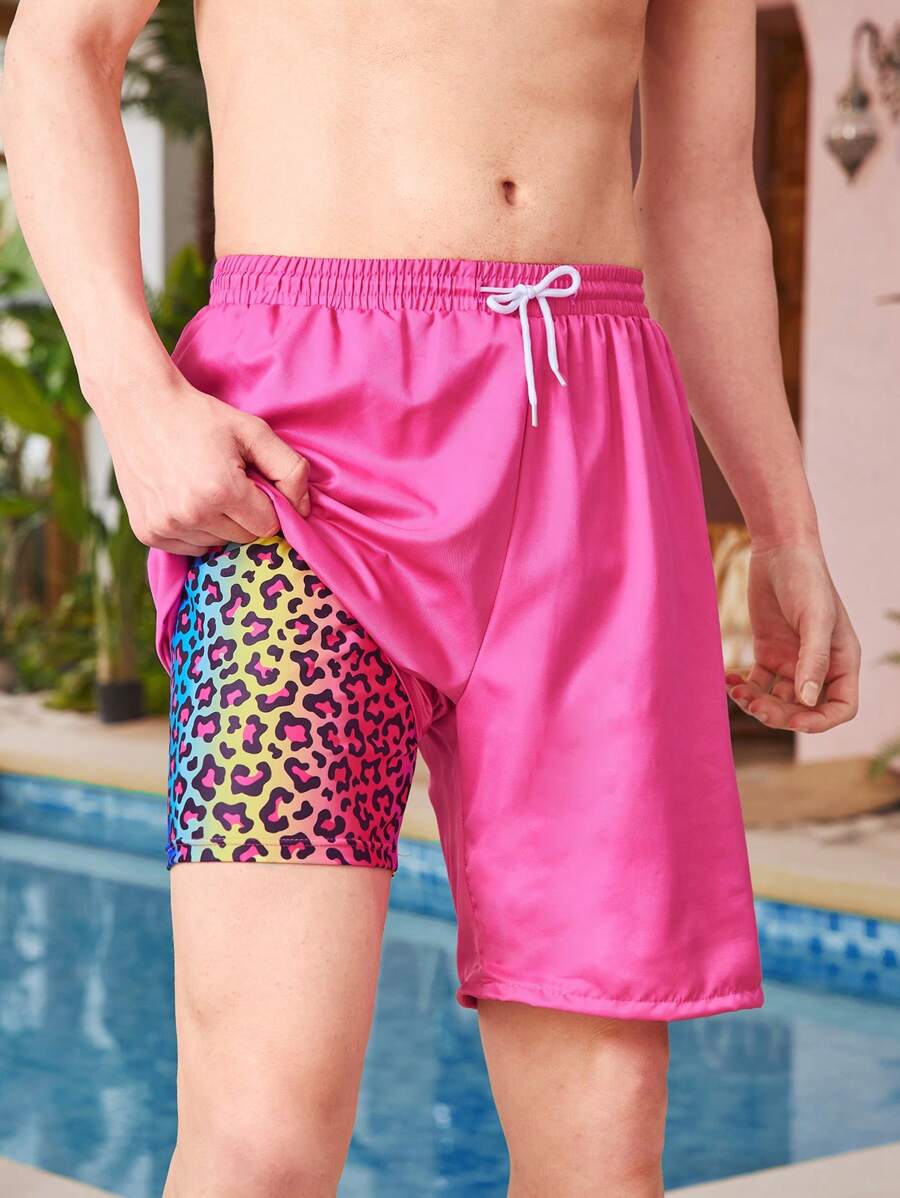 Teen Boy's Leopard Print Spliced 2 In 1 Swimming Trunks With Square Leg ...