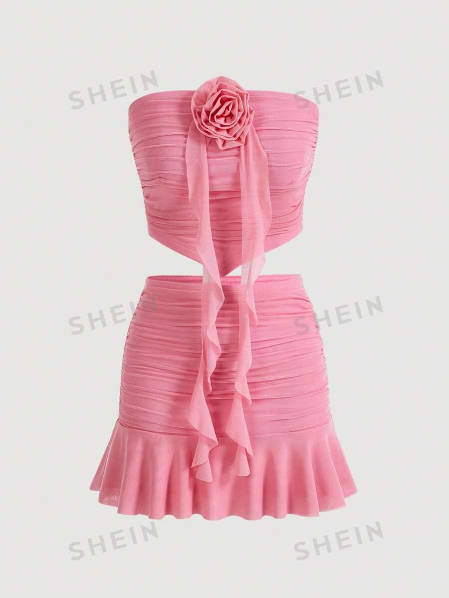 SHEIN MOD Women 2pcs Mesh And Pleated Set With Three-Dimensional Flower Decoration for Sale ...