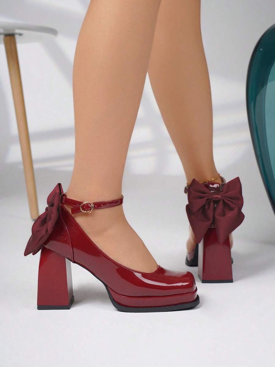 Women\ Mary Jane Red Wedding Shoes French Chunky Heel Single High Heels ...