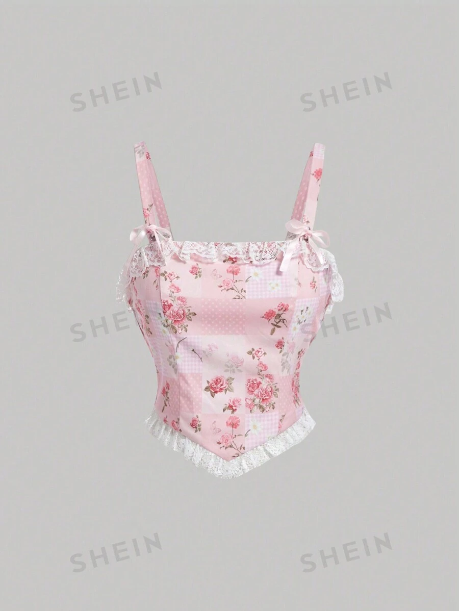 SHEIN MOD Romantic Patchwork Printed Lace Trimmed Camisole Top | SHEIN UK