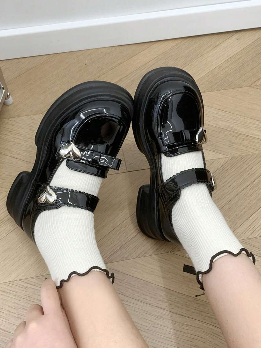 ROMWE Kawaii Ladies' Patent Leather Mary Jane Wedge Shoes With Chunky ...