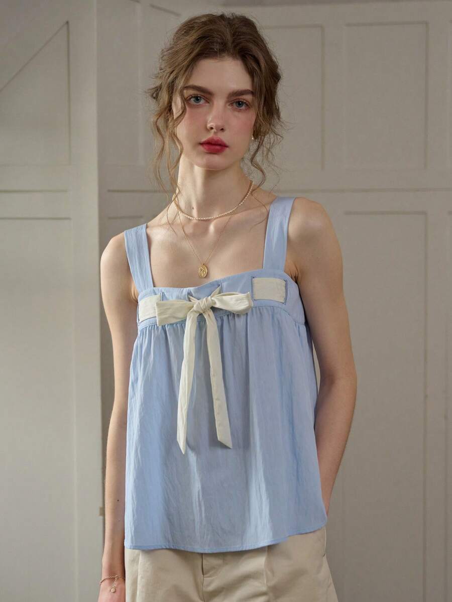 Simple Retro Ladies" Square Neckline Contrast Color Belted Camisole Top ...