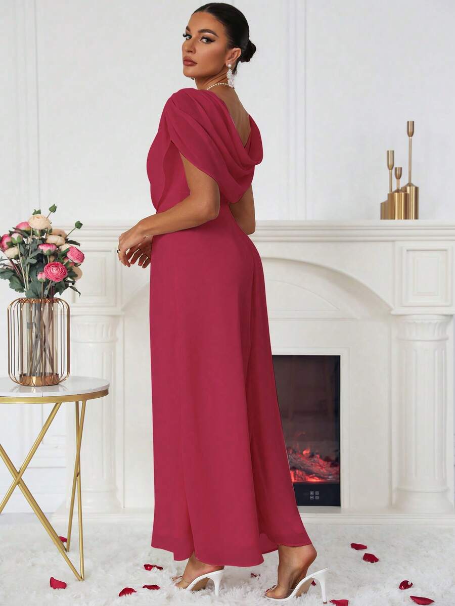 SHEIN Belle Burgundy Red Solid Color Chiffon Bridesmaid Dress With ...