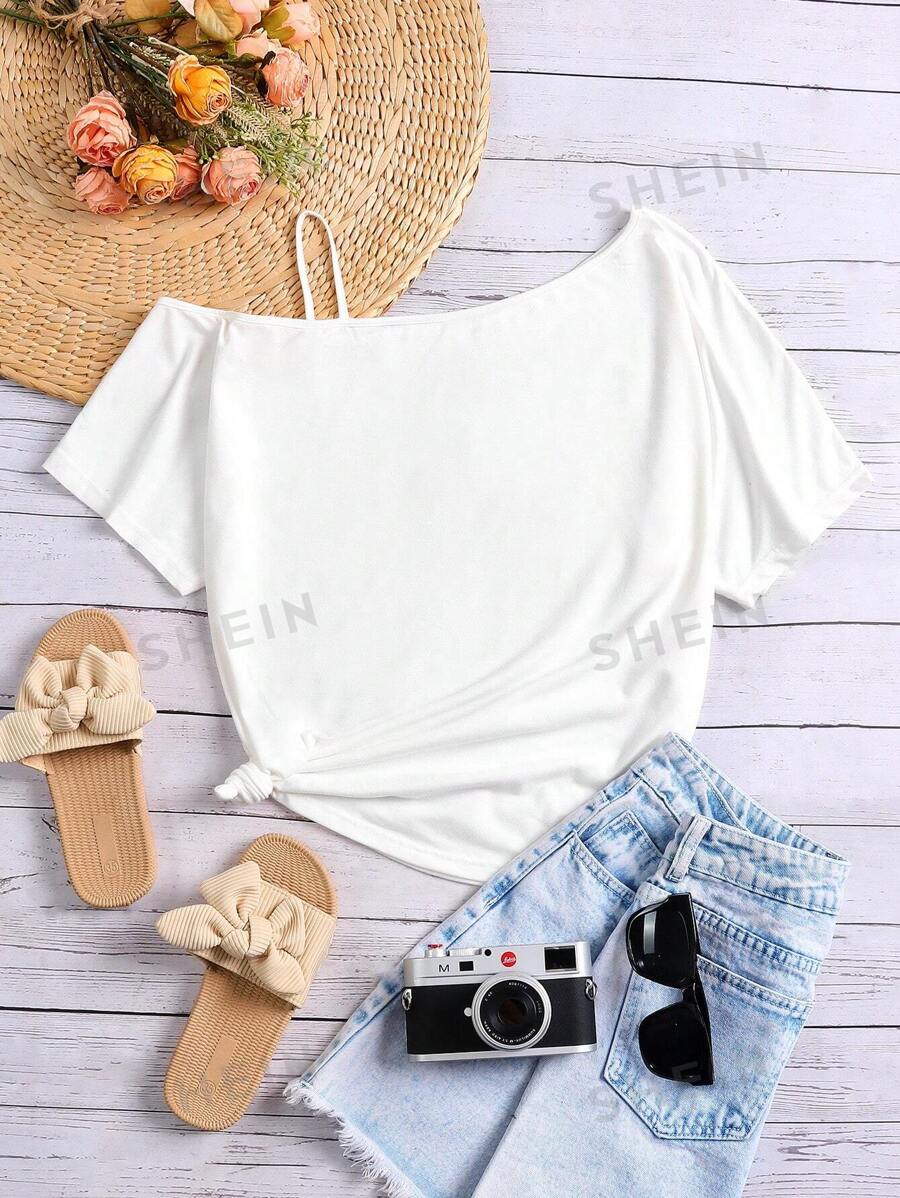 SHEIN LUNE Camiseta de talla grande para mujeres casual y sencilla con cuello asimétrico, ideal ...