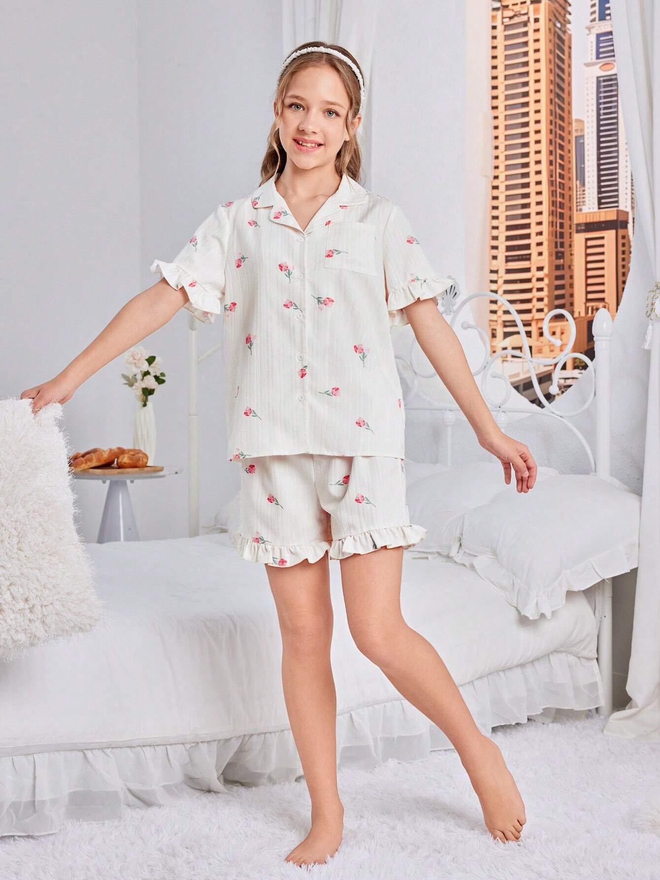 SHEIN Tween Girls' Floral Printed Pajama Set With Ruffle Trim | SHEIN UK