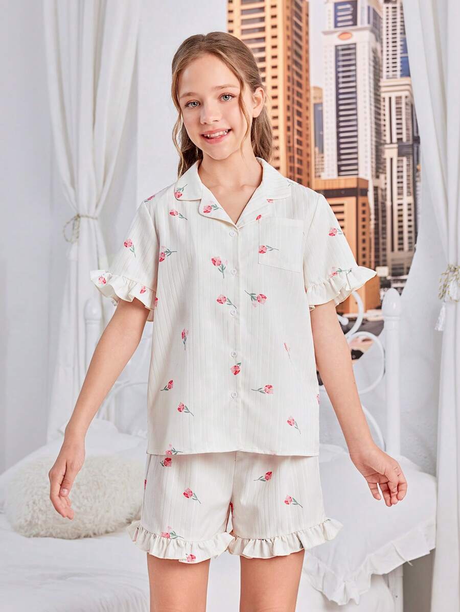 SHEIN Tween Girls' Floral Printed Pajama Set With Ruffle Trim | SHEIN UK