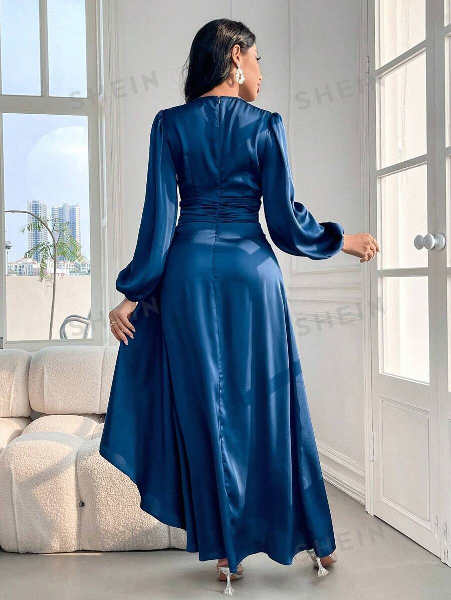 SHEIN Modely Spring Round Neck Lantern Sleeve Elegant A-Line Dress With ...