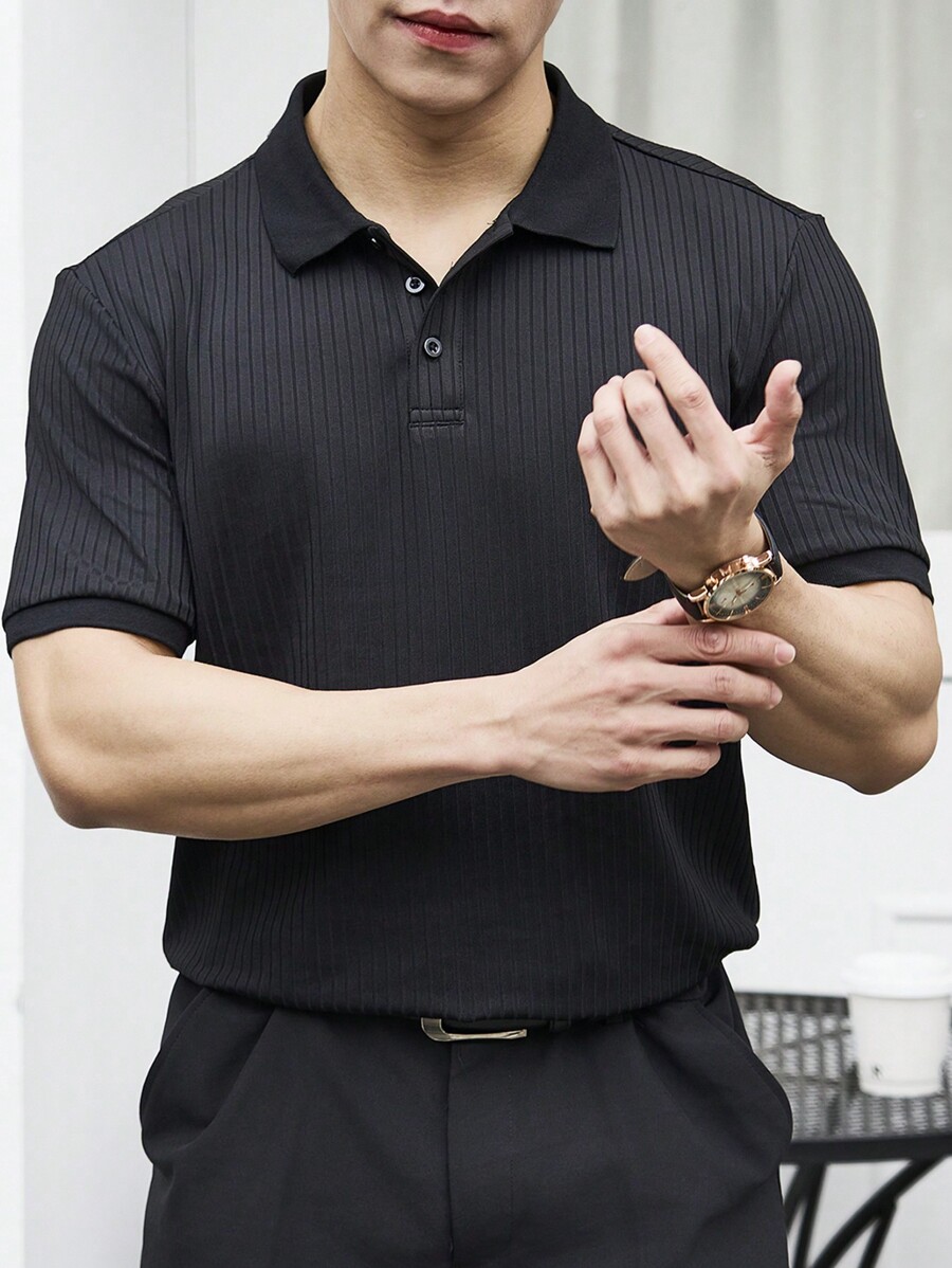 Manfinity Homme Camisa Polo Casual de Escritório Simples com Botão ...