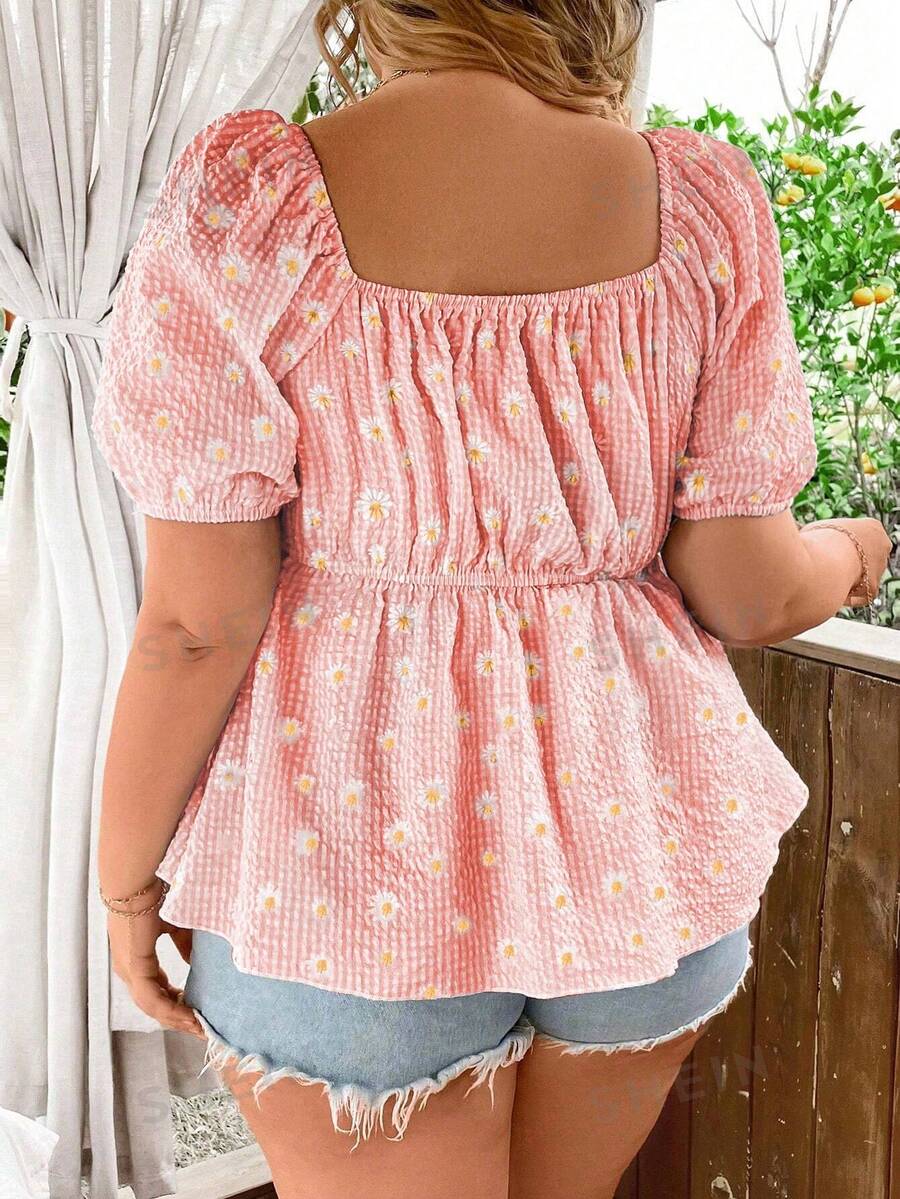 SHEIN WYWH Women Plus Size Shirt With Daisy Flower Print And Pleated ...