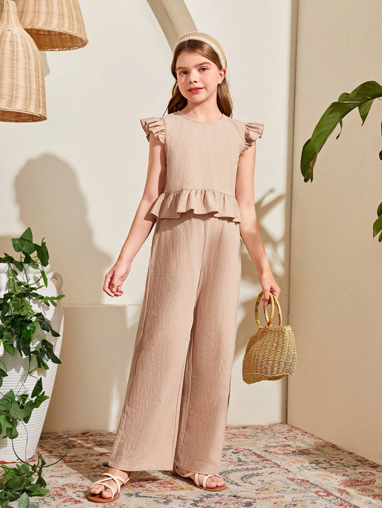 SHEIN Tween Girl Summer Matching College Style Round Neck Ruffle Decor ...