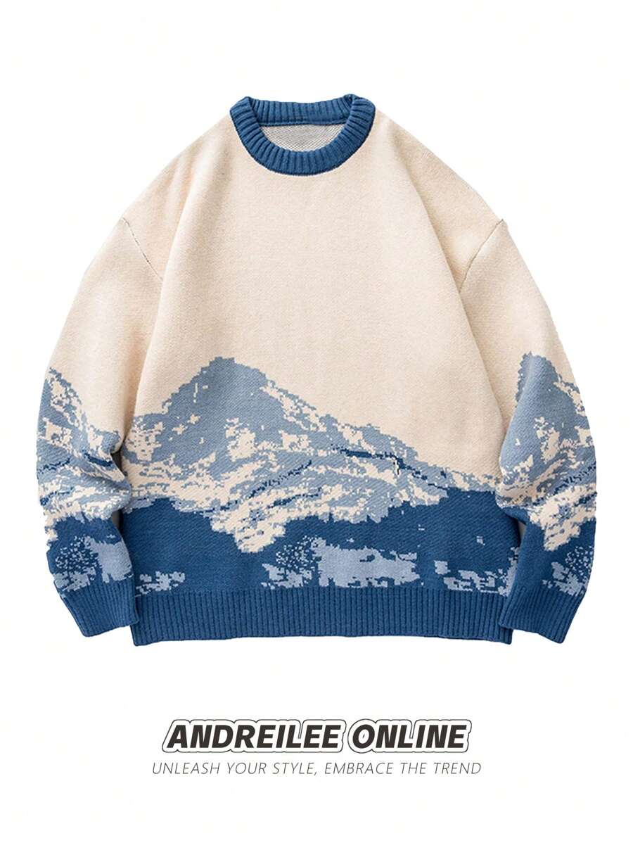 Men's Round Neck Pullover Blue Chinese Style Mountain & Water Painting ...