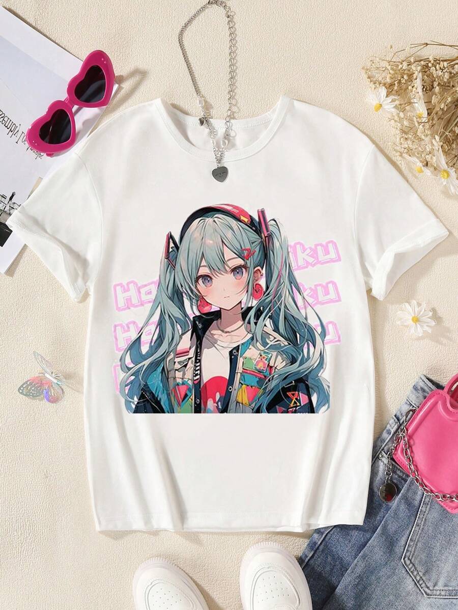 Tween Girl Anime Character Letter Printed Short Sleeve T-Shirt Summer ...