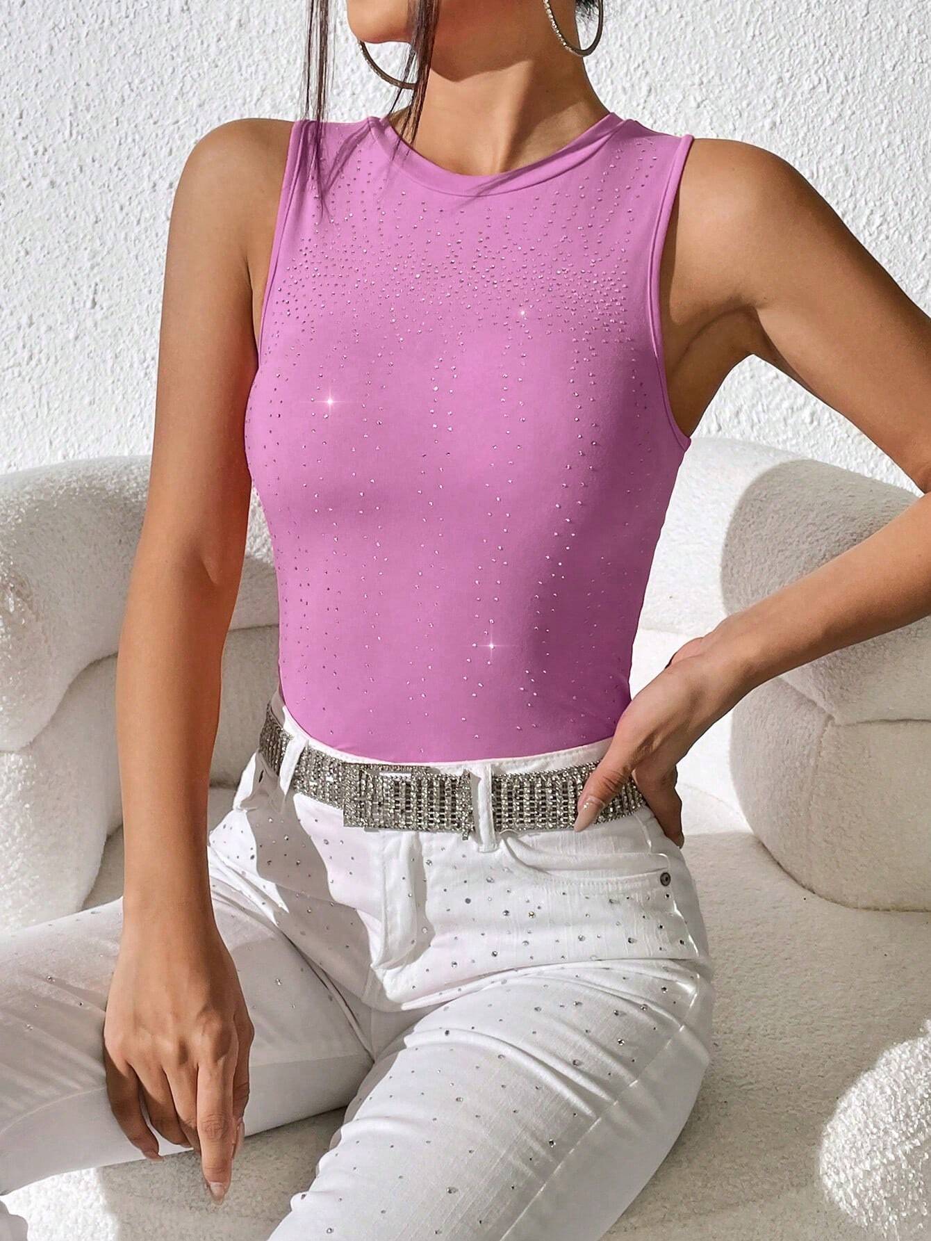 SHEIN BAE Mujeres body sin mangas con adornos de diamantes térmicos ...