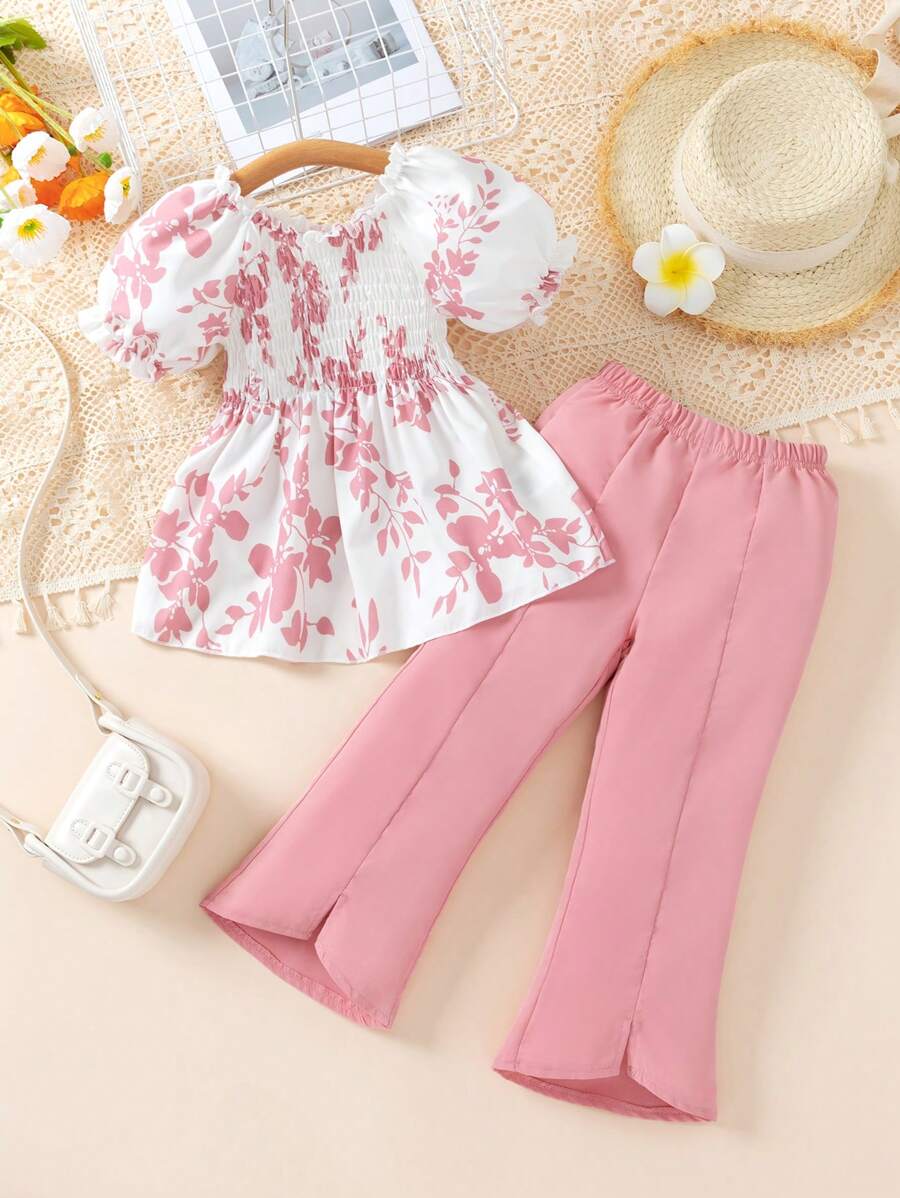 SHEIN Conjunto de verano para niña con top floral corto con mangas ...