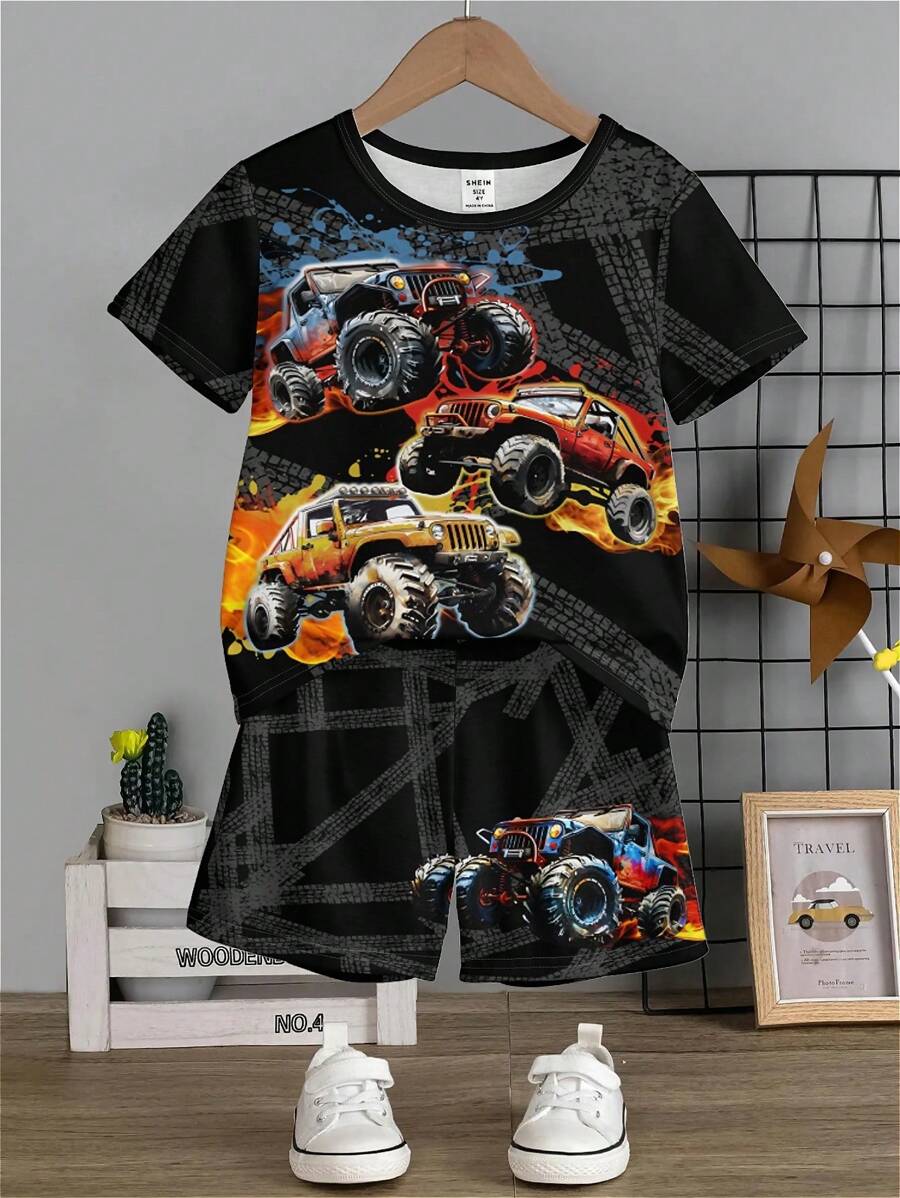 SHEIN Race, Track, And Young Boy Casual And Simple Car Pattern Short ...