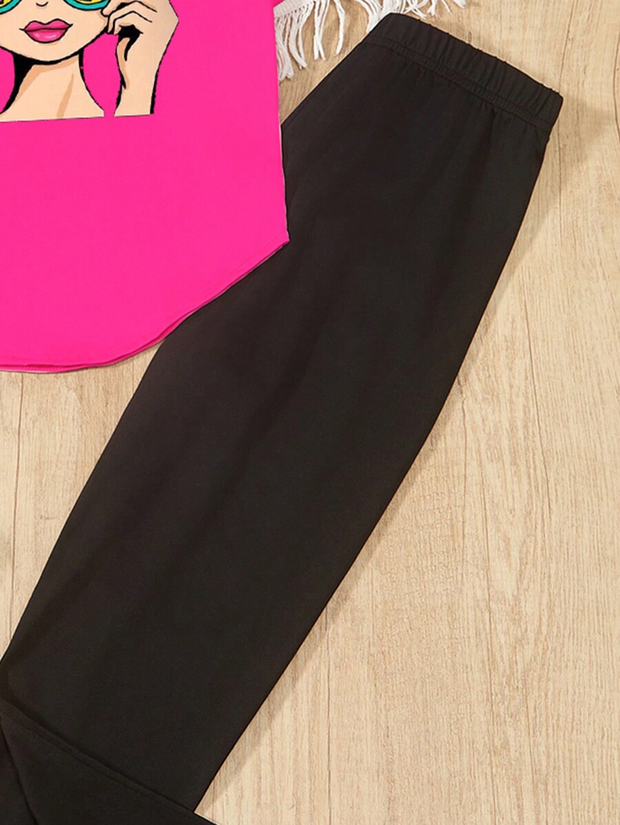 Tween Girl Figure Print Pink Color Tee And Black Legging | SHEIN ASIA