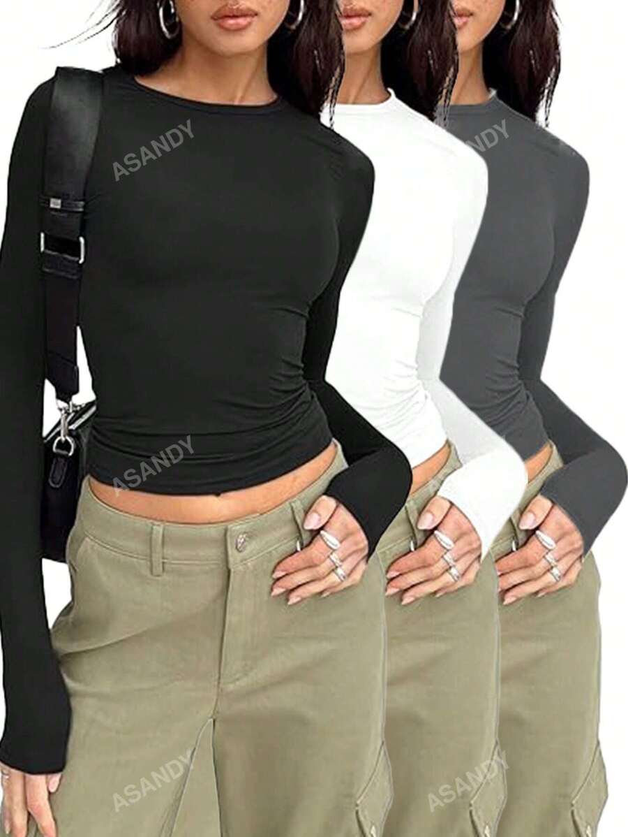 3pcs/Set Women Crew Neck Long Sleeve Plain Solid Color T-Shirt, Slim ...