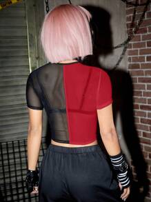 ROMWE PUNK Damen Sommer Farbblock Mesh Panel Rundhals Kurzarm Crop ...