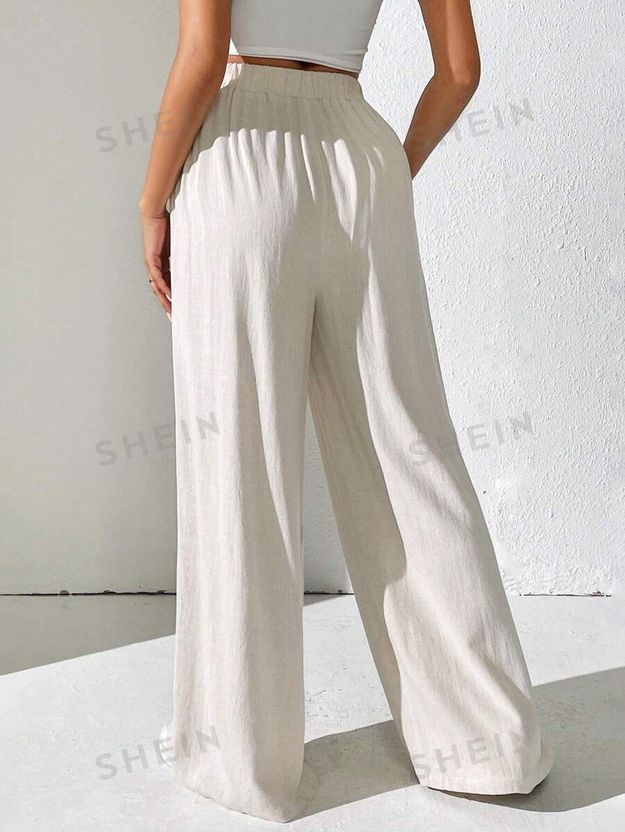 SHEIN Frenchy Elastic Waist Pleated Wide Leg Linen Pants With Slant ...