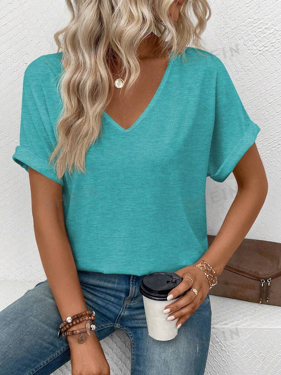 SHEIN LUNE Solid Color V-neck Short Sleeve T-shirt | SHEIN USA