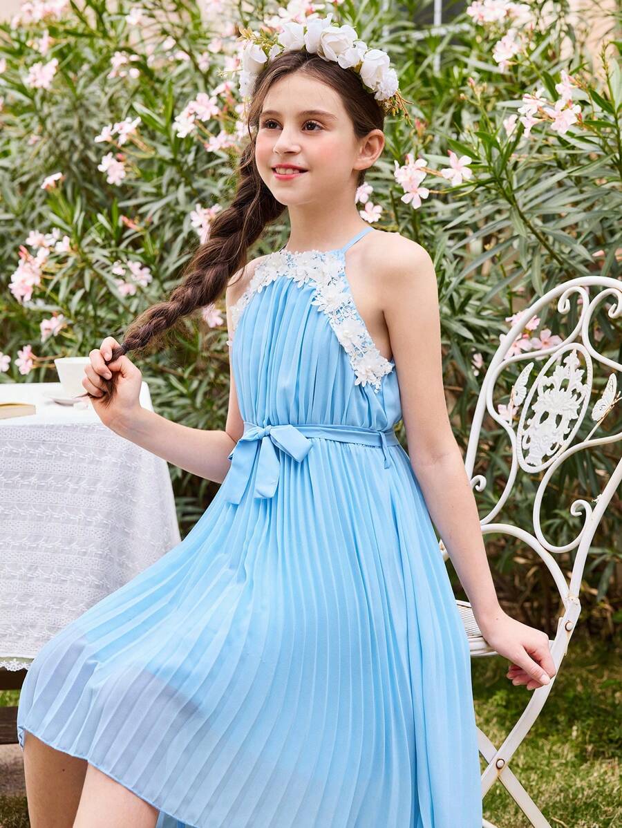 Shein 3d Corsage Flower Trim Pleated Chiffon High Low Hem Design Halter