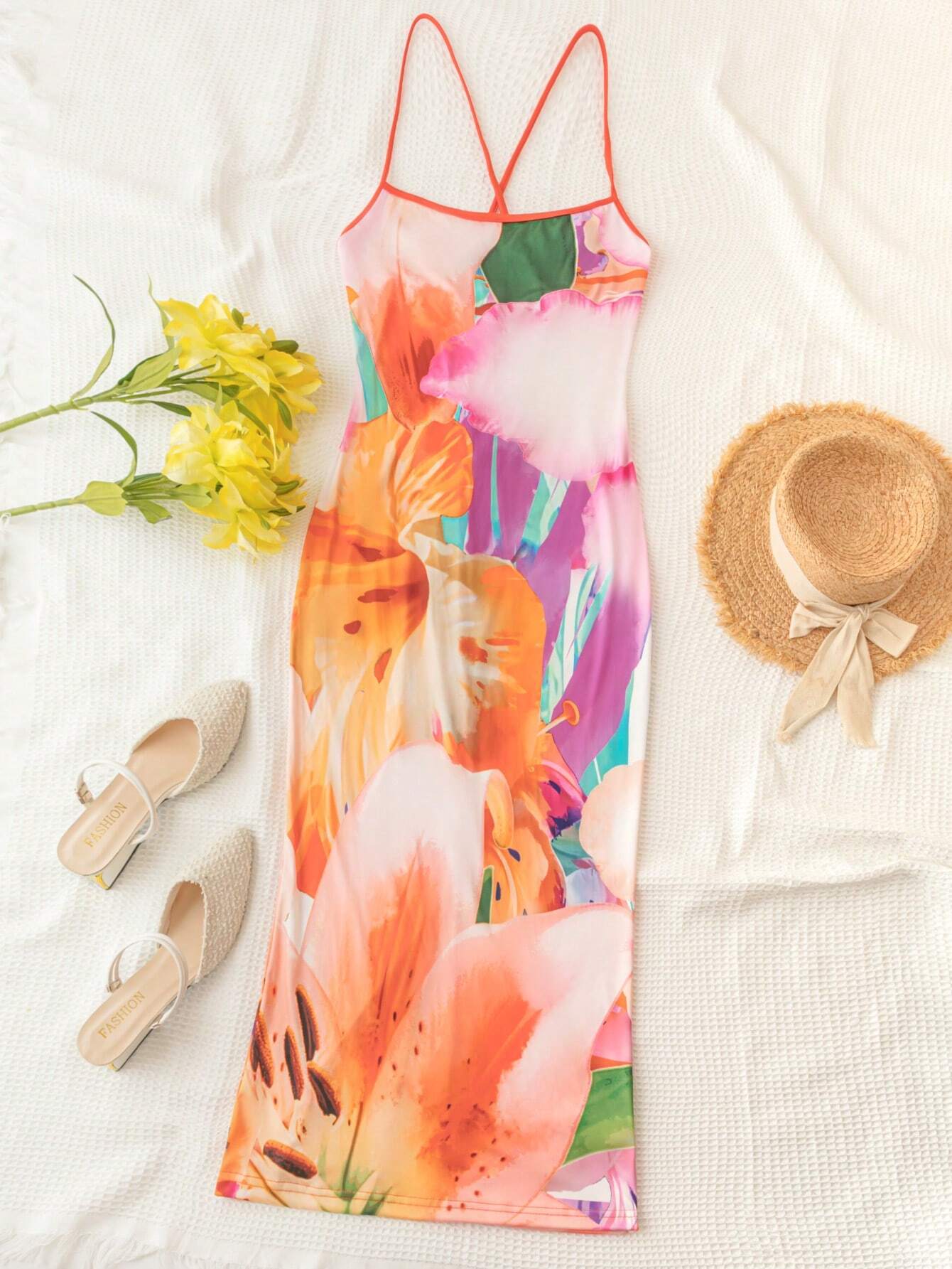 SHEIN WYWH Plus Size Beach Casual Orange Flower Print Vacation Style ...