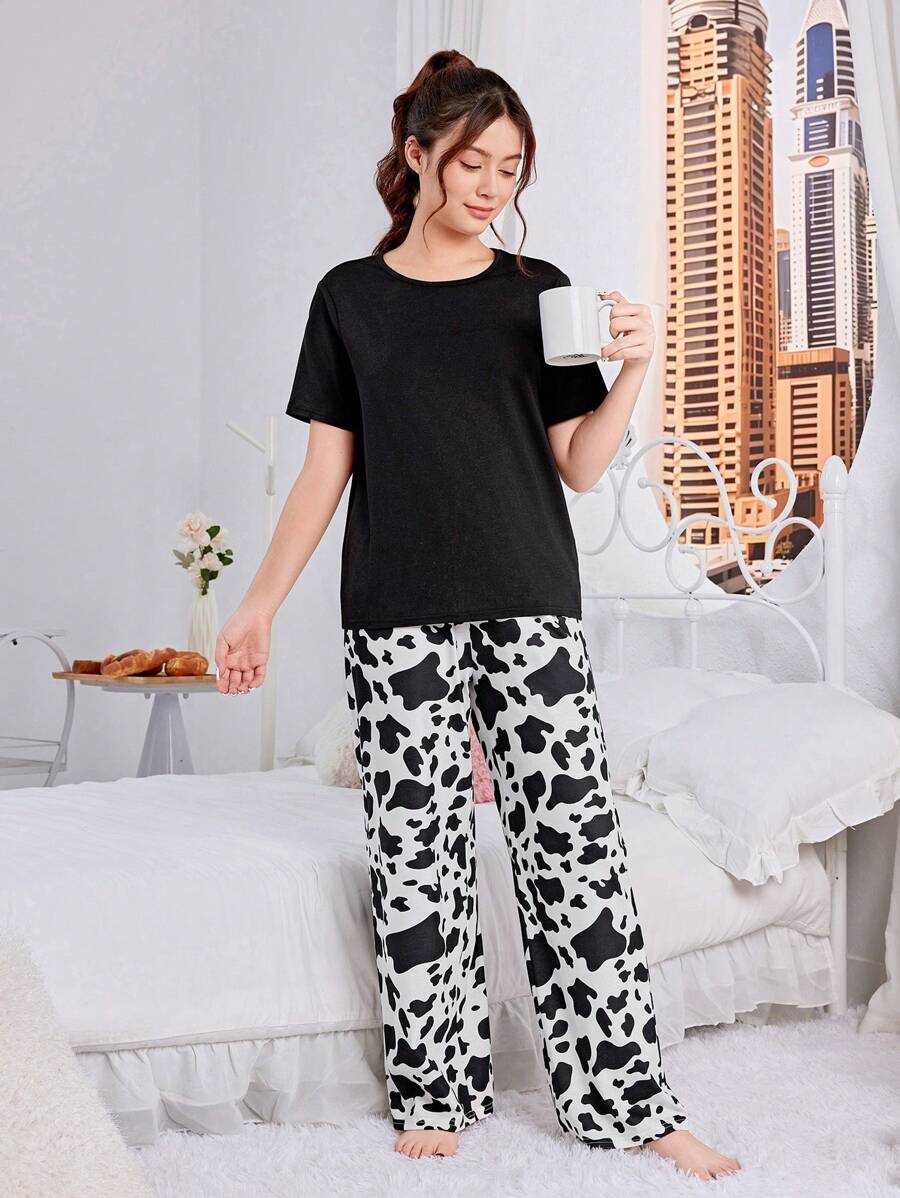 SHEIN Teen Girl Casual Minimalist Cute Cow Print Short Sleeve T-Shirt ...