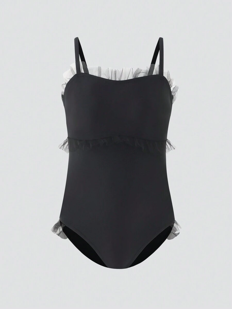 Tween Girl One-Piece Swimsuit With Mesh Insert And Thin Straps | SHEIN USA