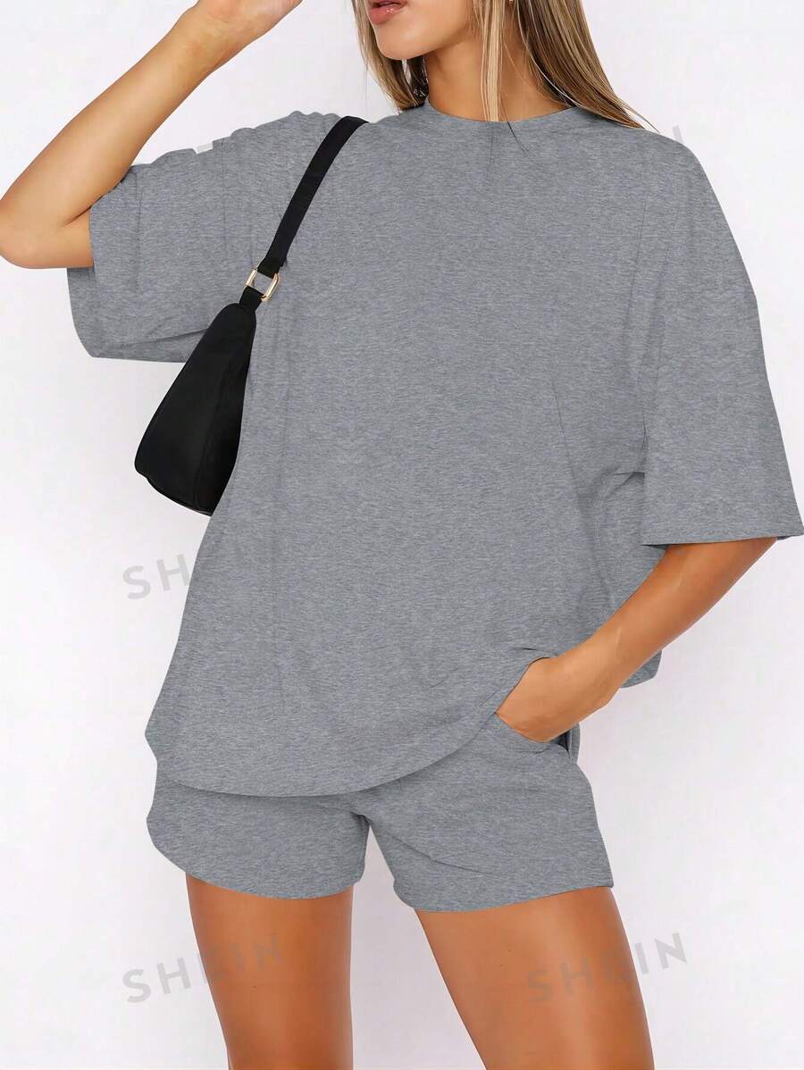 SHEIN EZwear Women's Summer Solid Color Round Neck Oversized Short ...