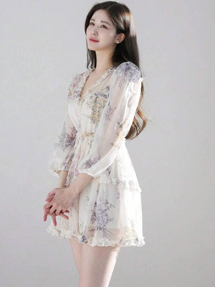 DAZY Women Autumn Elegant Floral Print Dress,Ladies Boho Drawstring ...