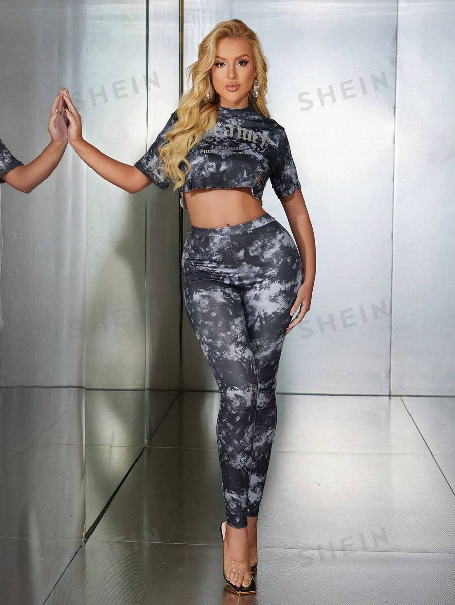 SHEIN SXY Tie-Dye Printed Ripped Letter & Silver Foil Decor Loose Crop ...
